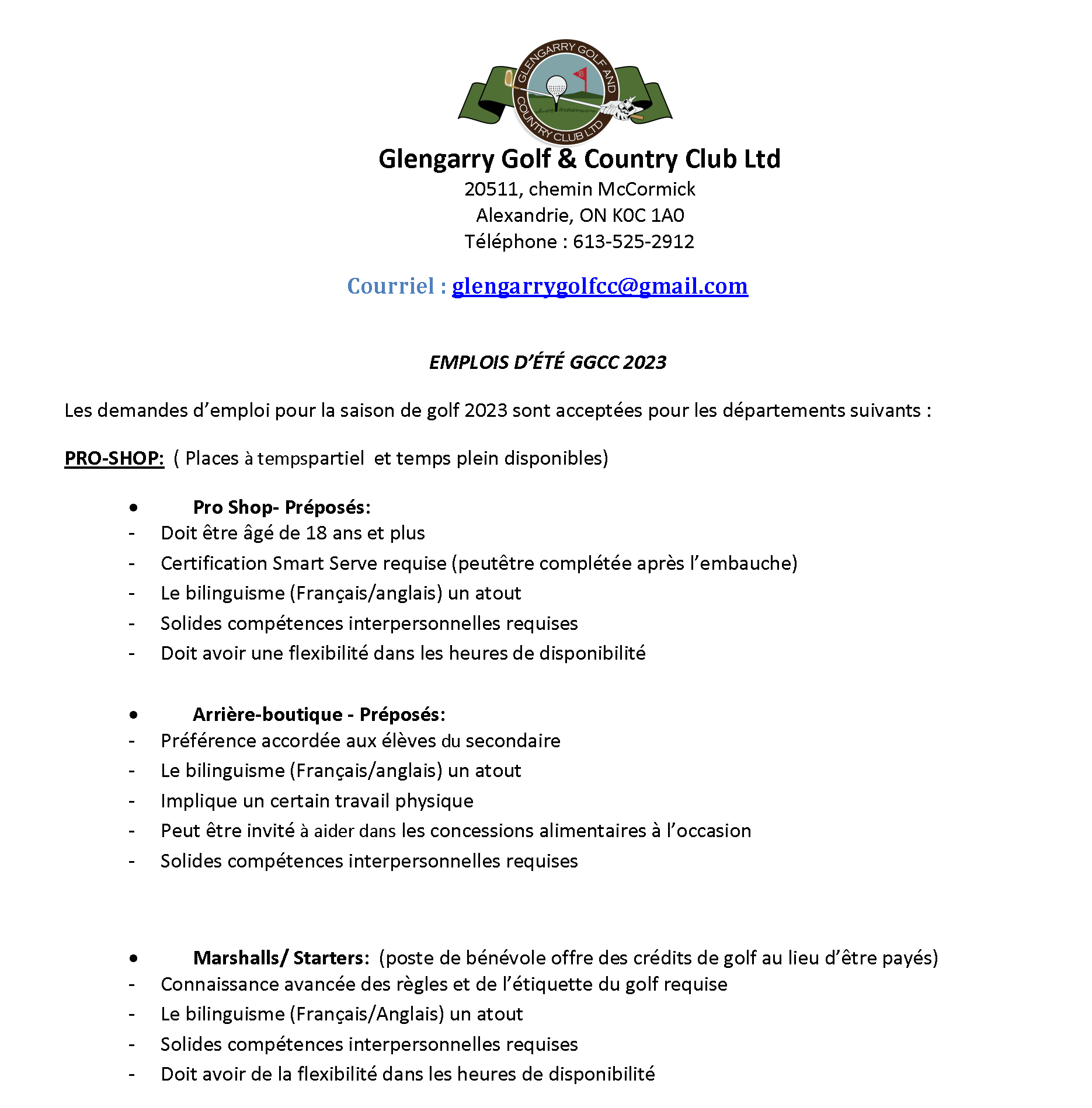 Employment - Glengarry Golf & Country Club