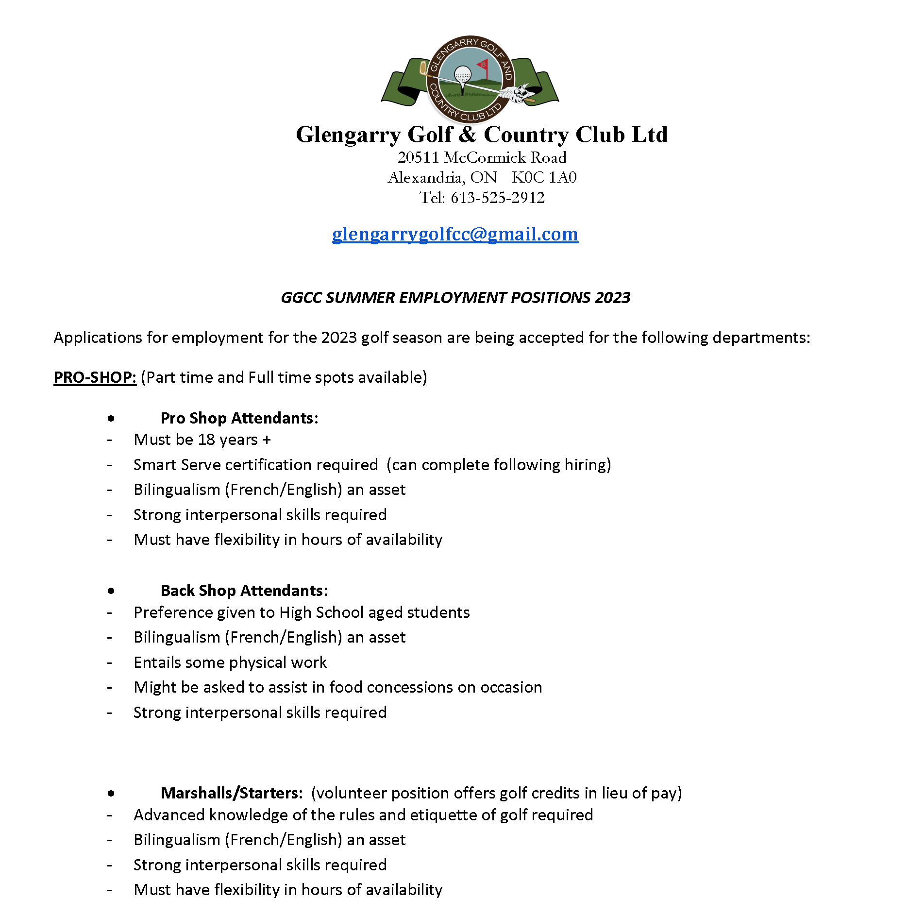 Employment - Glengarry Golf & Country Club