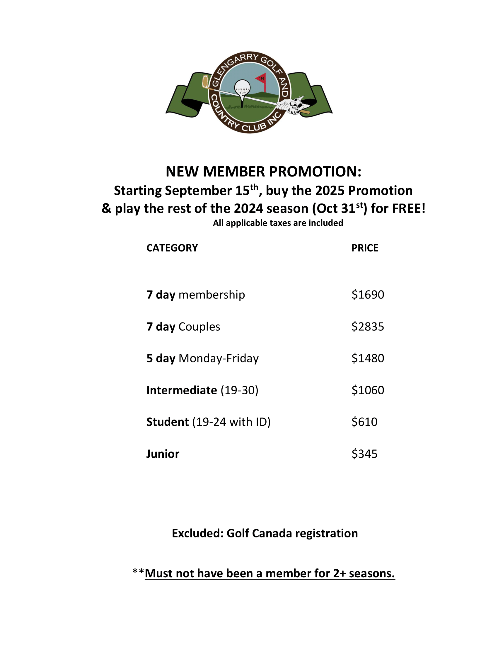 New Member Promotion - Glengarry Golf & Country Club